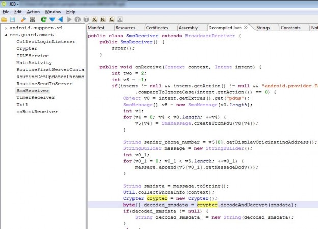 SMS Spy ZertSecurity with decompiled, analyzed Java sources – JEB in Action